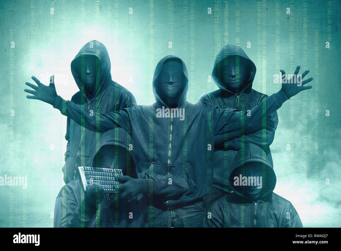Hacker groups in black hoodie standing with binary code on virtual ...