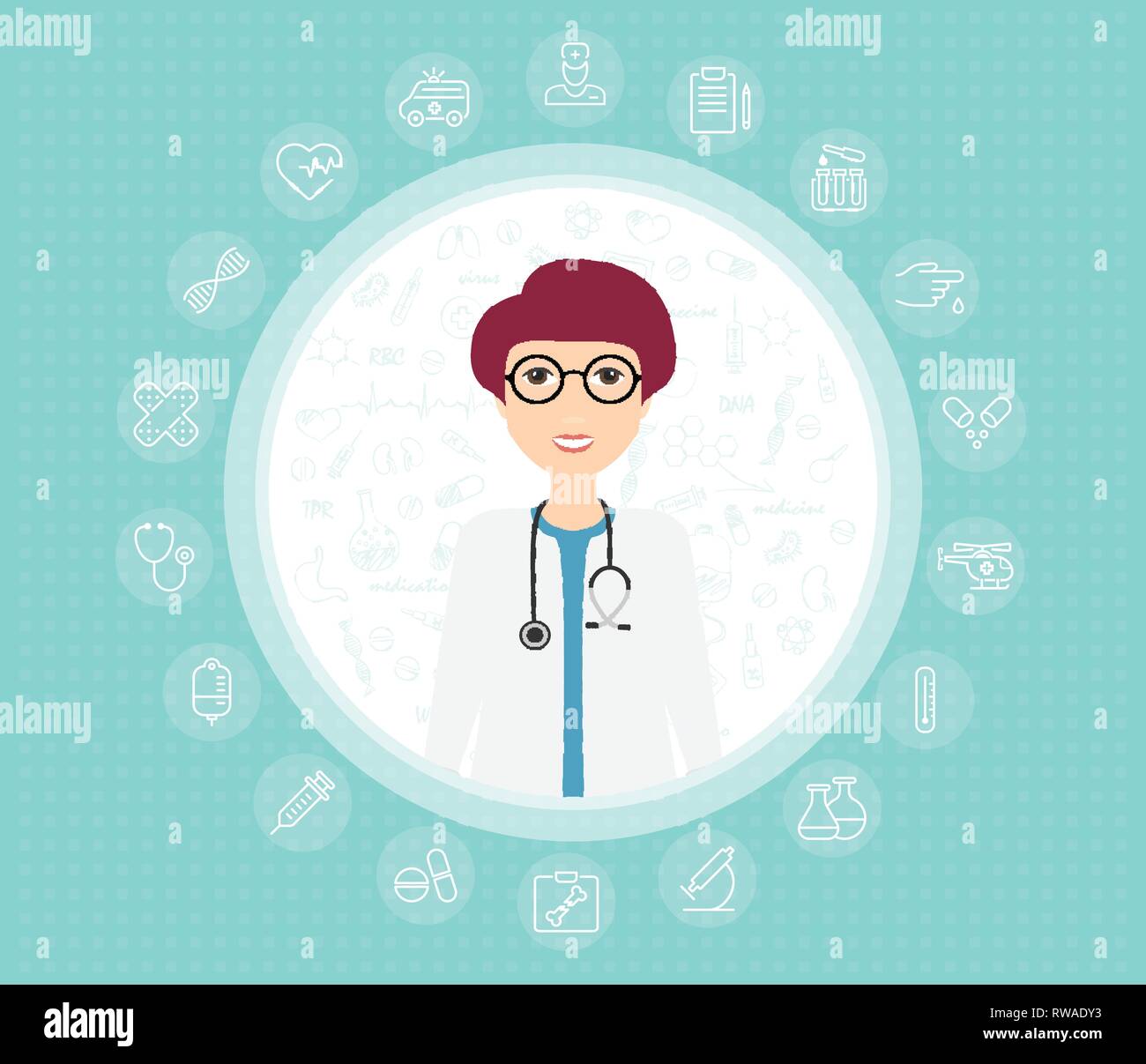 Modern doctor in white coat and stethoscope giving advice with icons in ...