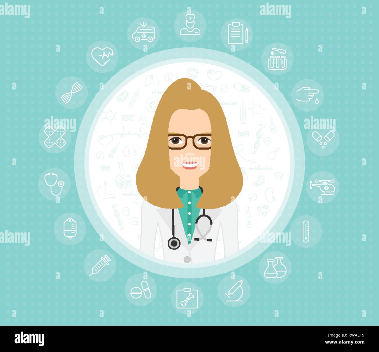 Doctor woman in medical gown with stethoscope. Cute cartoon doctor ...