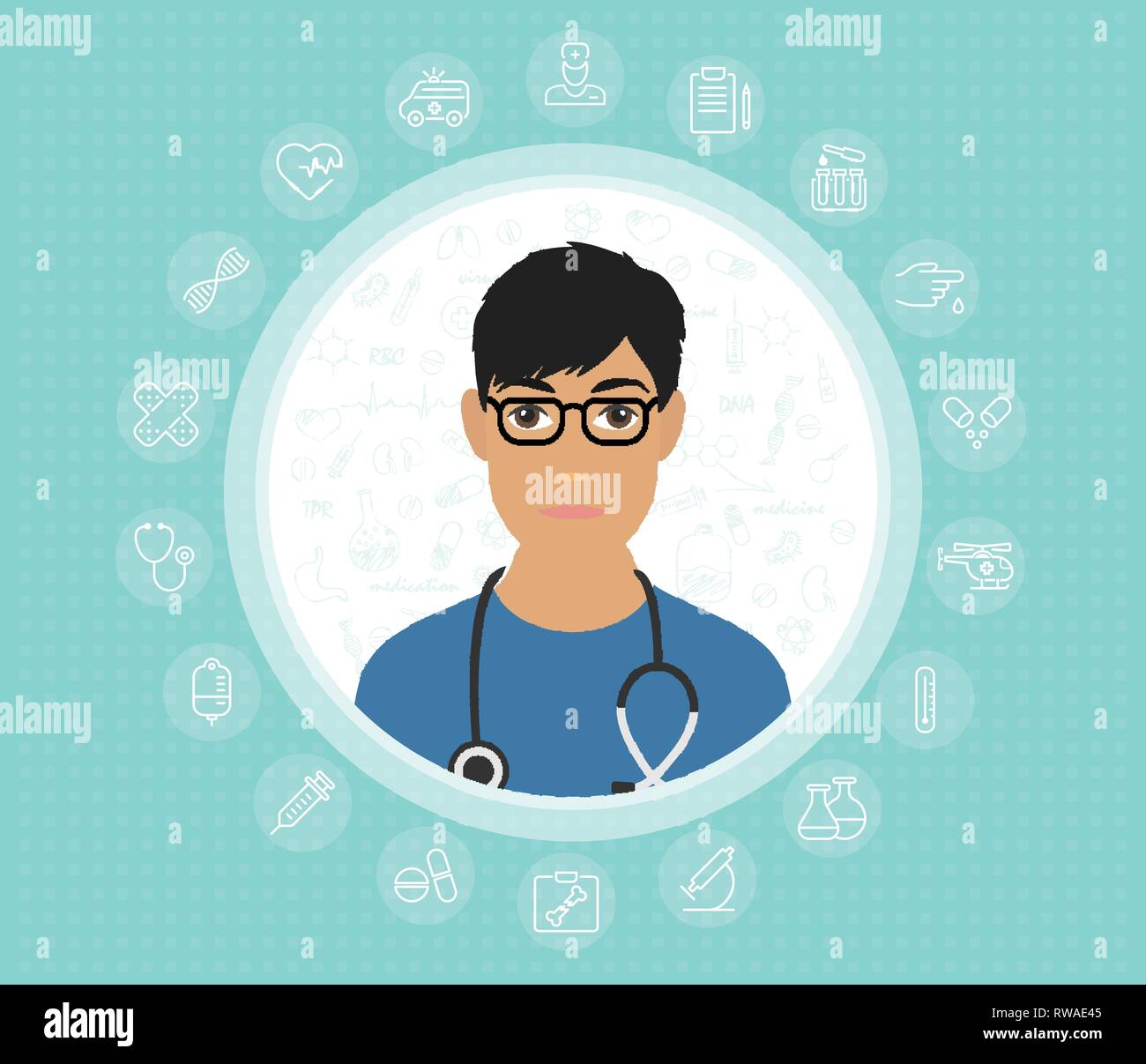 A friendly doctor in glasses and medical gown with multiple medical ...