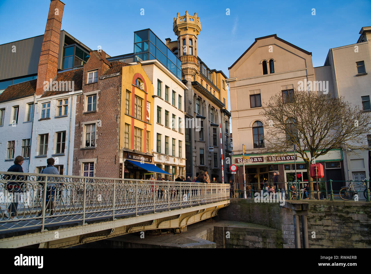 GENT, BELGIUM - FEBRUARY 17, 2019: Bridge over the River Lys. View of ...