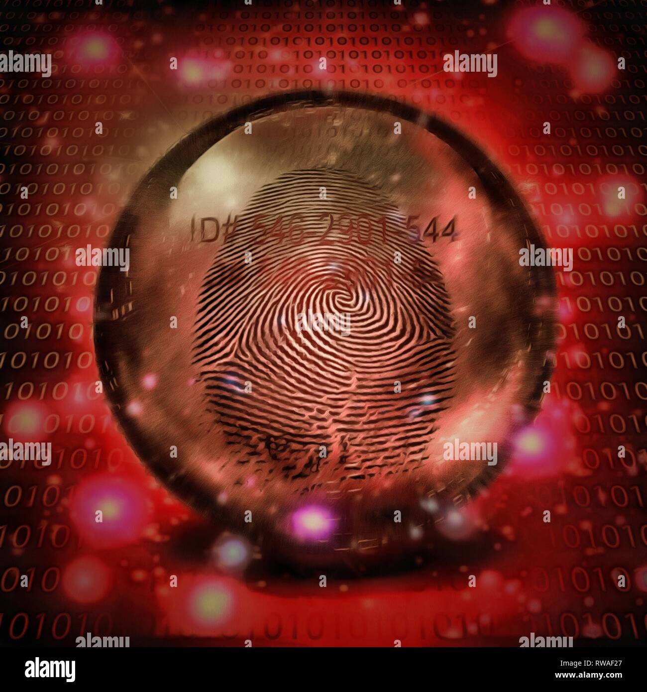 Surrealism. Finger print in crystal ball, binary code on background ...