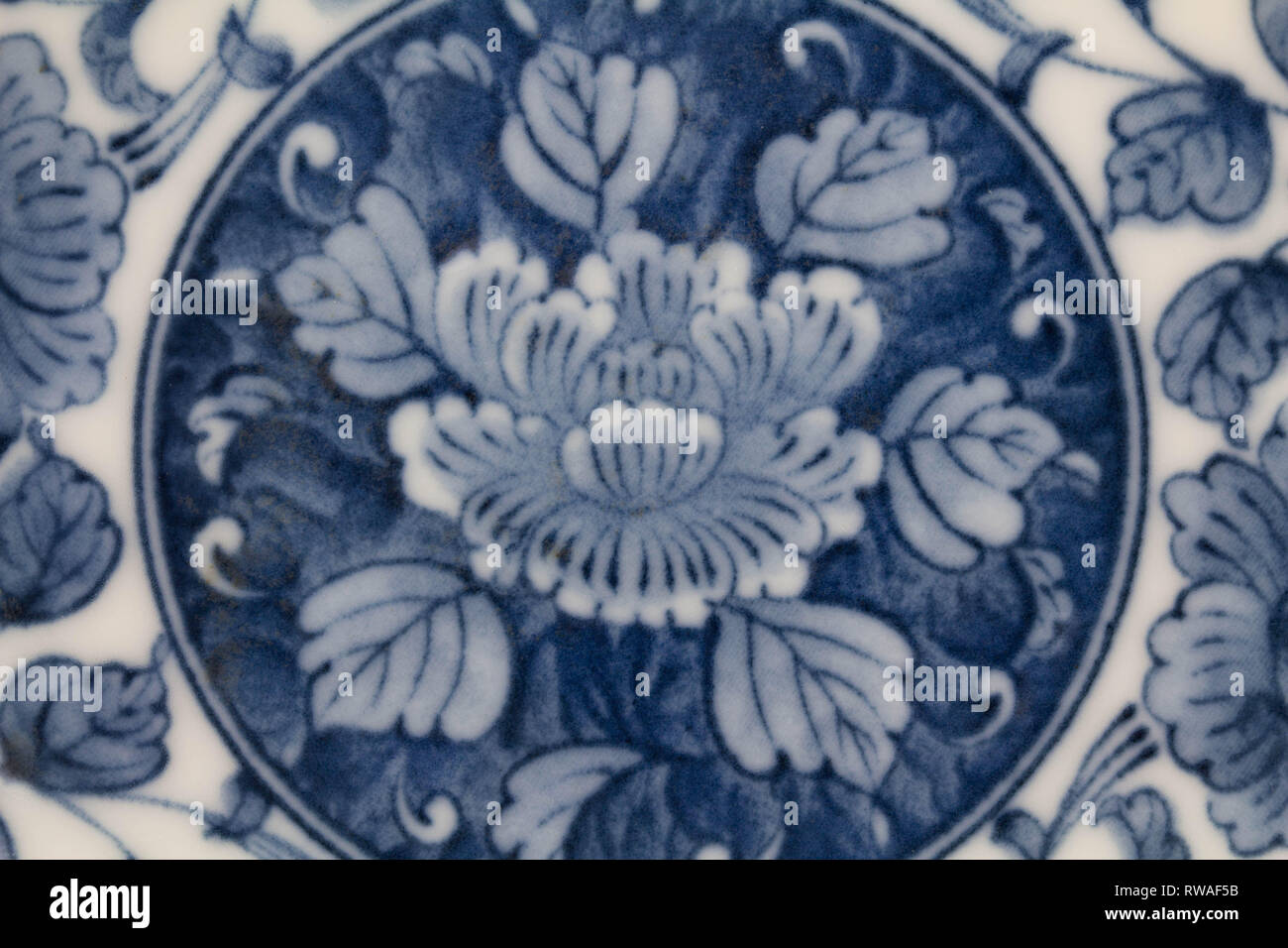 Abstract ceramic blue and white Japanese floral design imari style ...