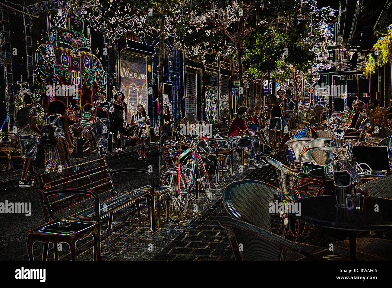 Colorful Posterized view of OutDoor Dining Street scene in Jaffa ...