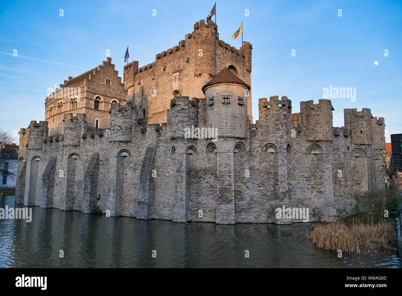 GENT, BELGIUM - FEBRUARY 17, 2019: Castle of the Counts of Flanders, an ...
