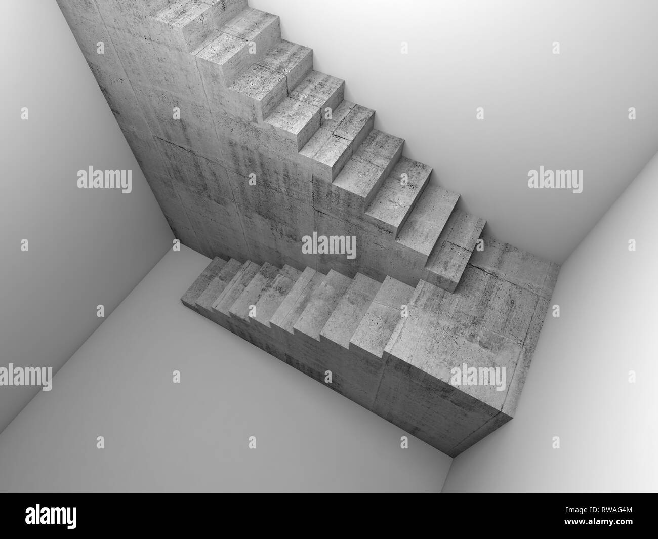 Top view of a concrete stairway installation in white empty room ...