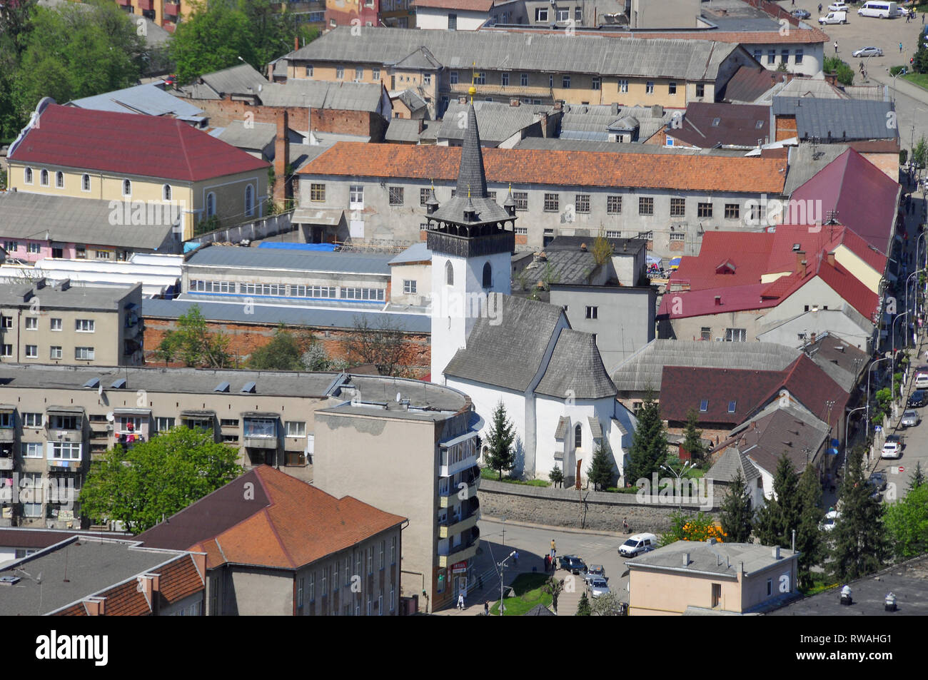 Panorama of Khust city in Zakarpattia Oblast, Ukraine. Huszt panoramaja ...