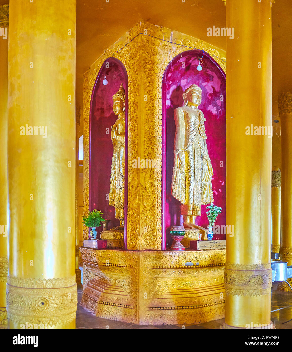 BAGO, MYANMAR - FEBRUARY 15, 2018: Interior of Ananda-style temple of ...