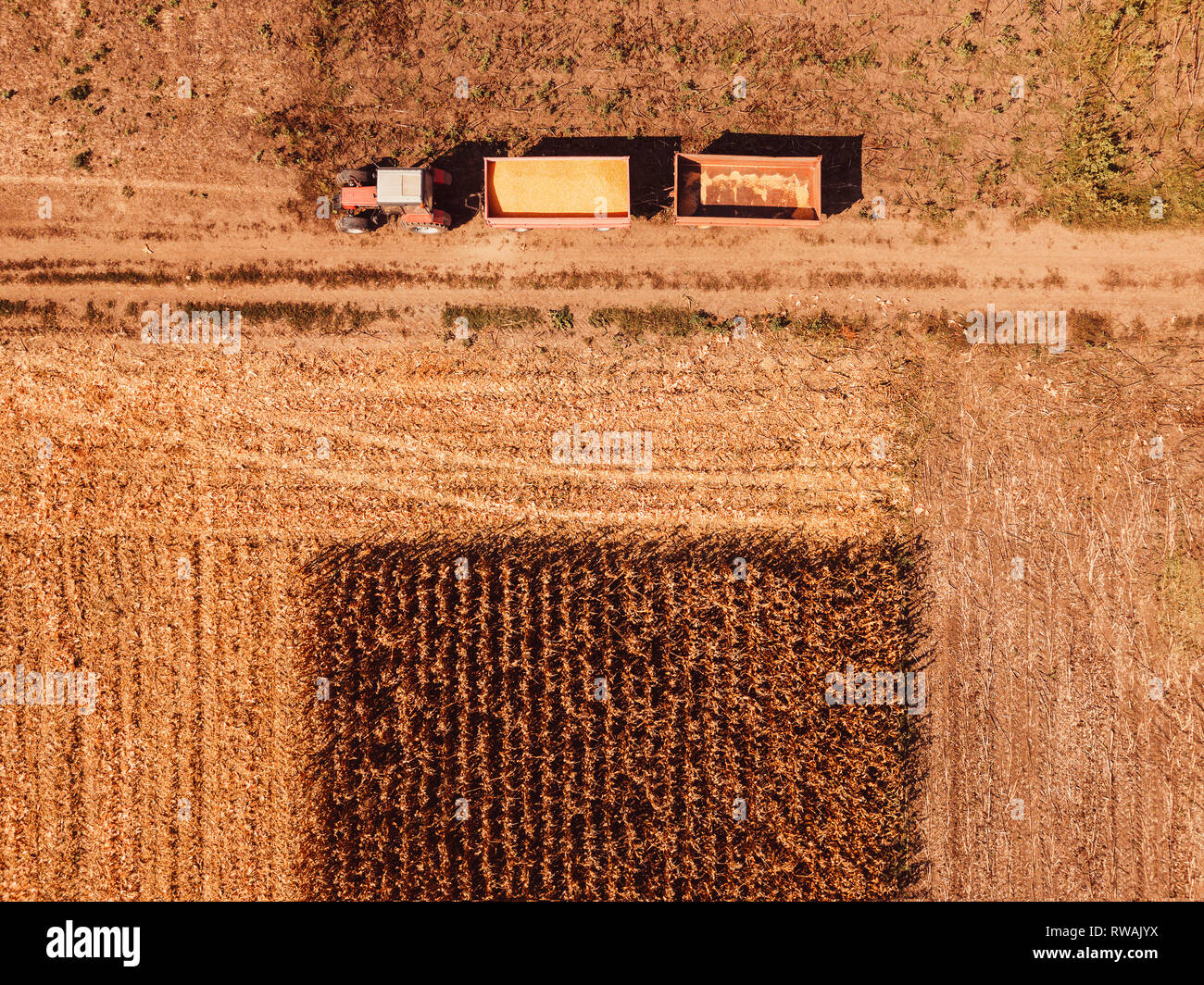 Aerial view of agricultural tractor with cargo carts in field loaded ...