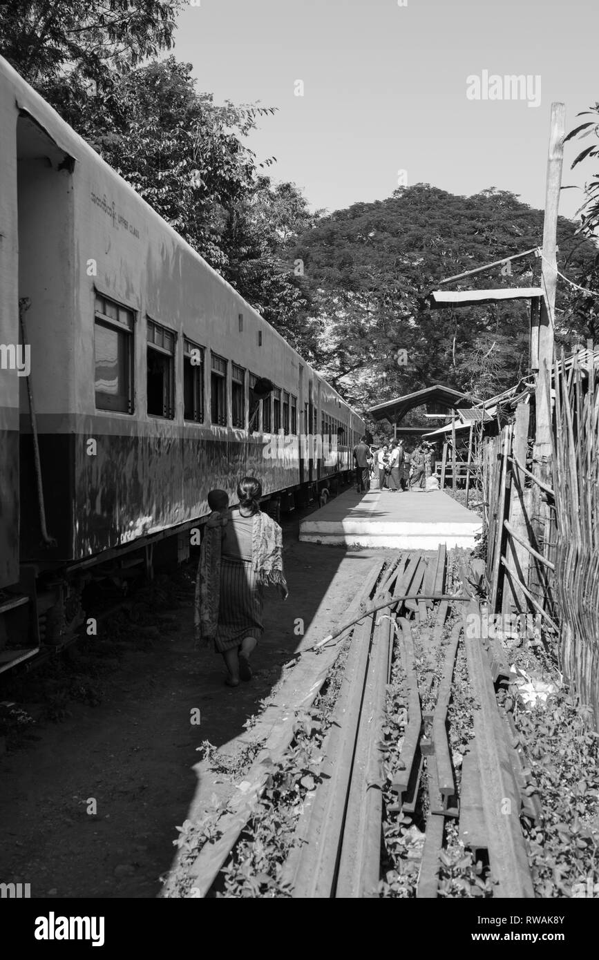 KALAW, MYANMAR - 23 NOVEMBER, 2018: Black and white picture of local ...