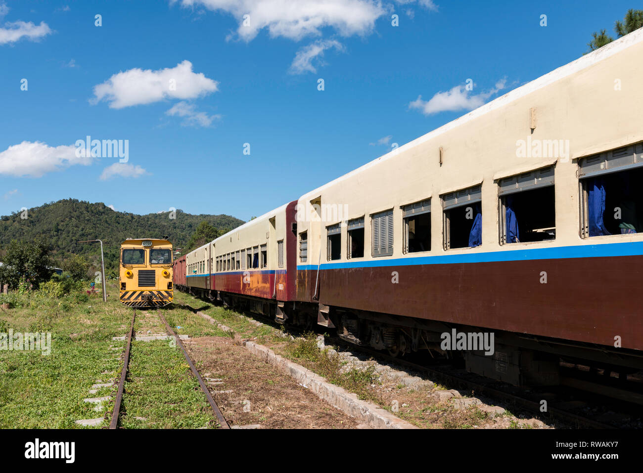 Wide angle picture of local burmese trains during blue sky day in Kalaw ...