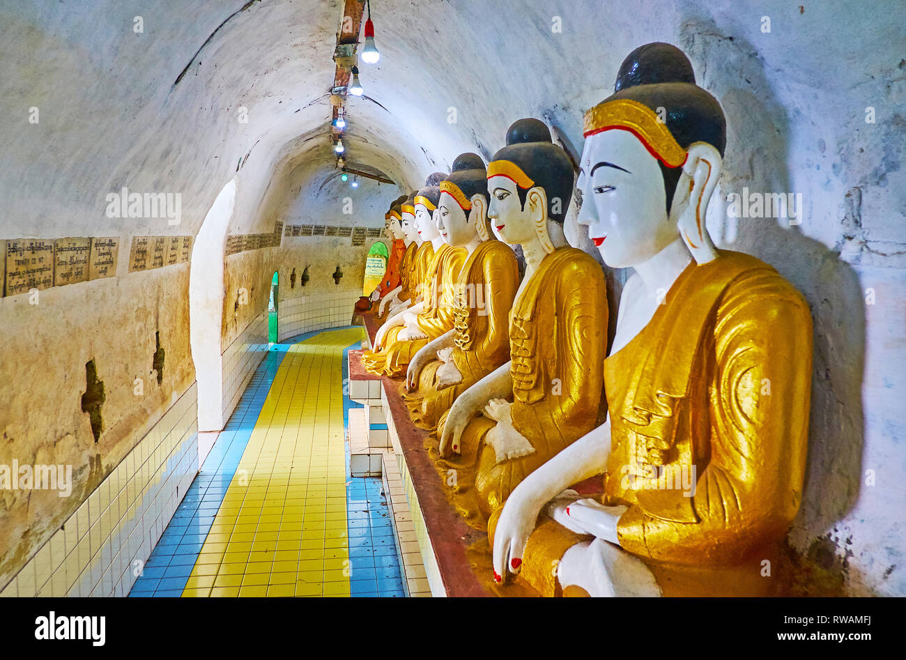 BAGO, MYANMAR - FEBRUARY 15, 2018: Interior of circle passageway with ...