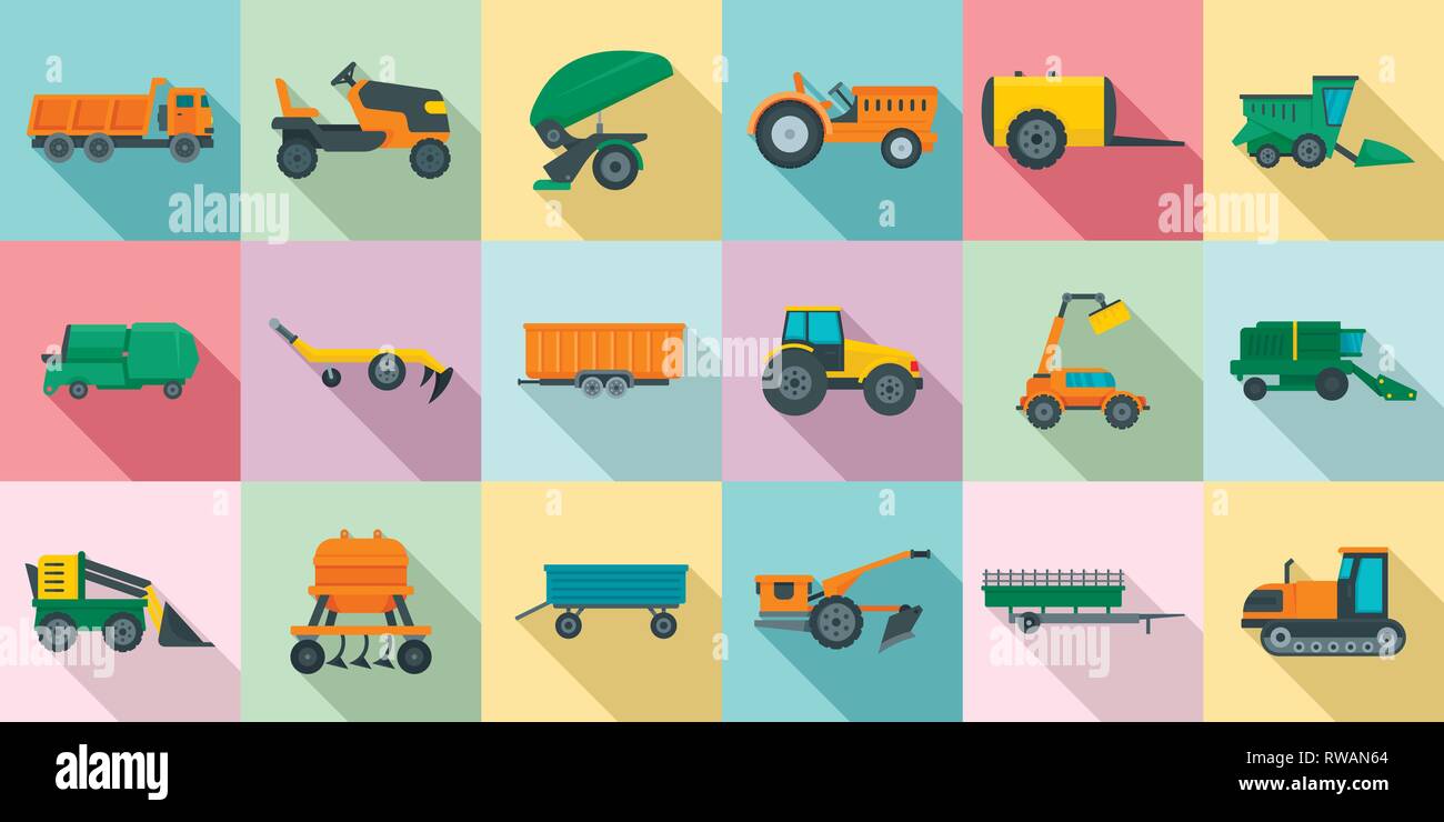 Agricultural machines icons set. Flat set of agricultural machines ... Agricultural machines icons set. Flat set of agricultural machines ...