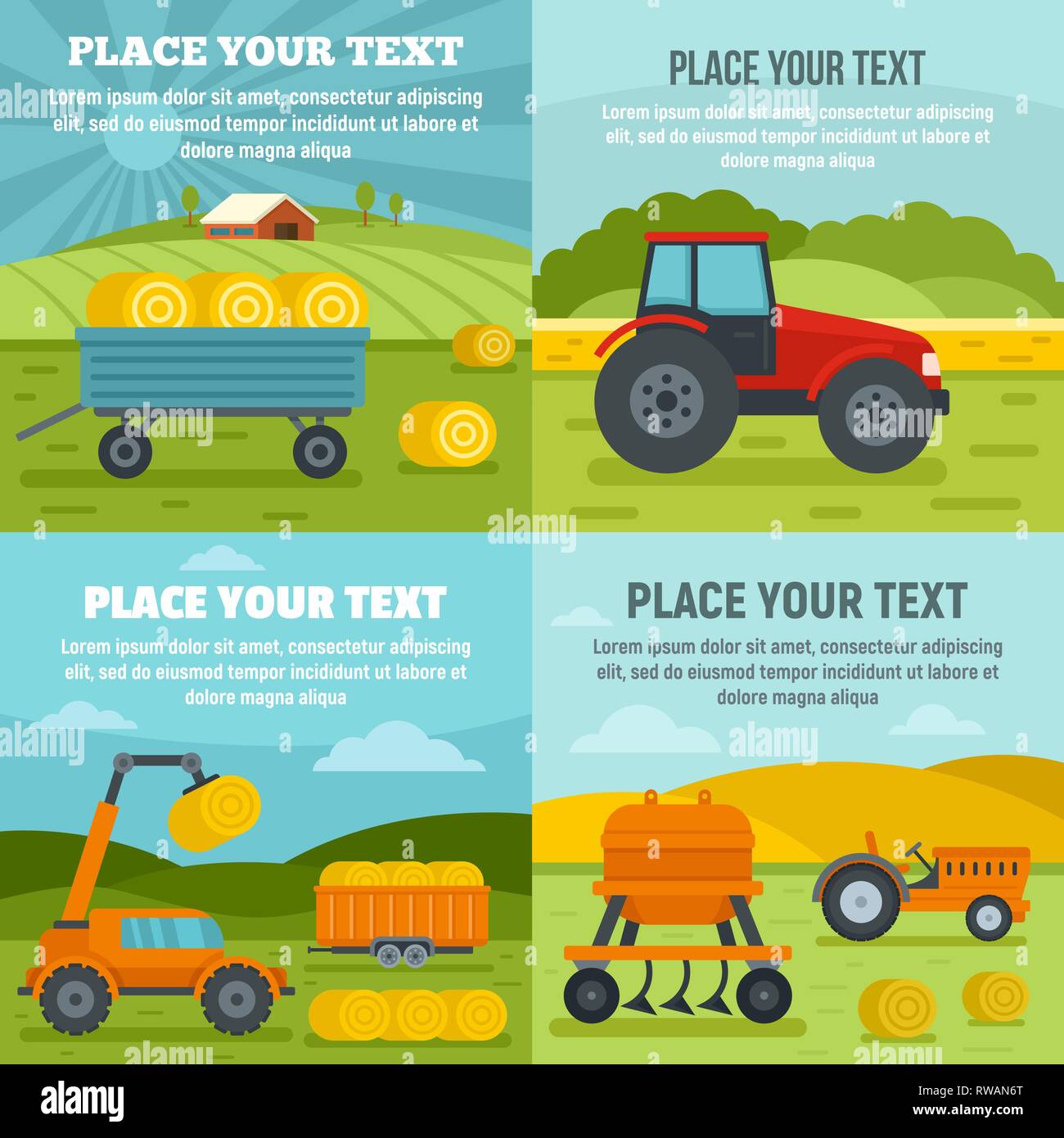 Agricultural machines banner set. Flat illustration of agricultural ...