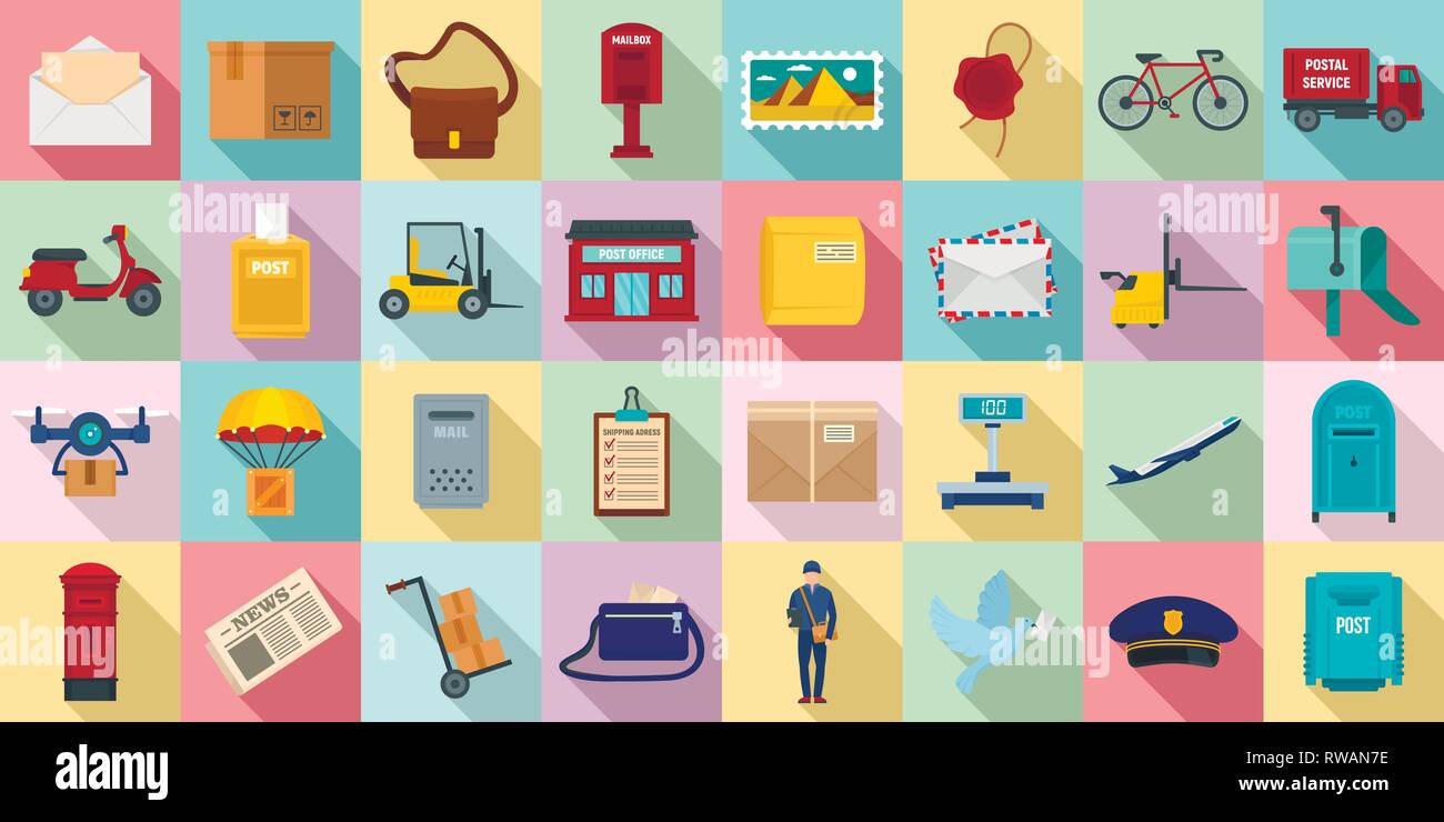 Postman icons set. Flat set of postman vector icons for web design ...