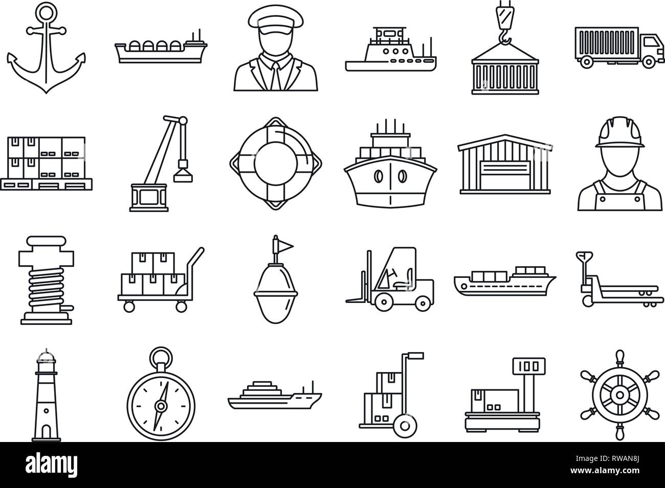 Marine port transport icons set. Outline set of marine port transport ...