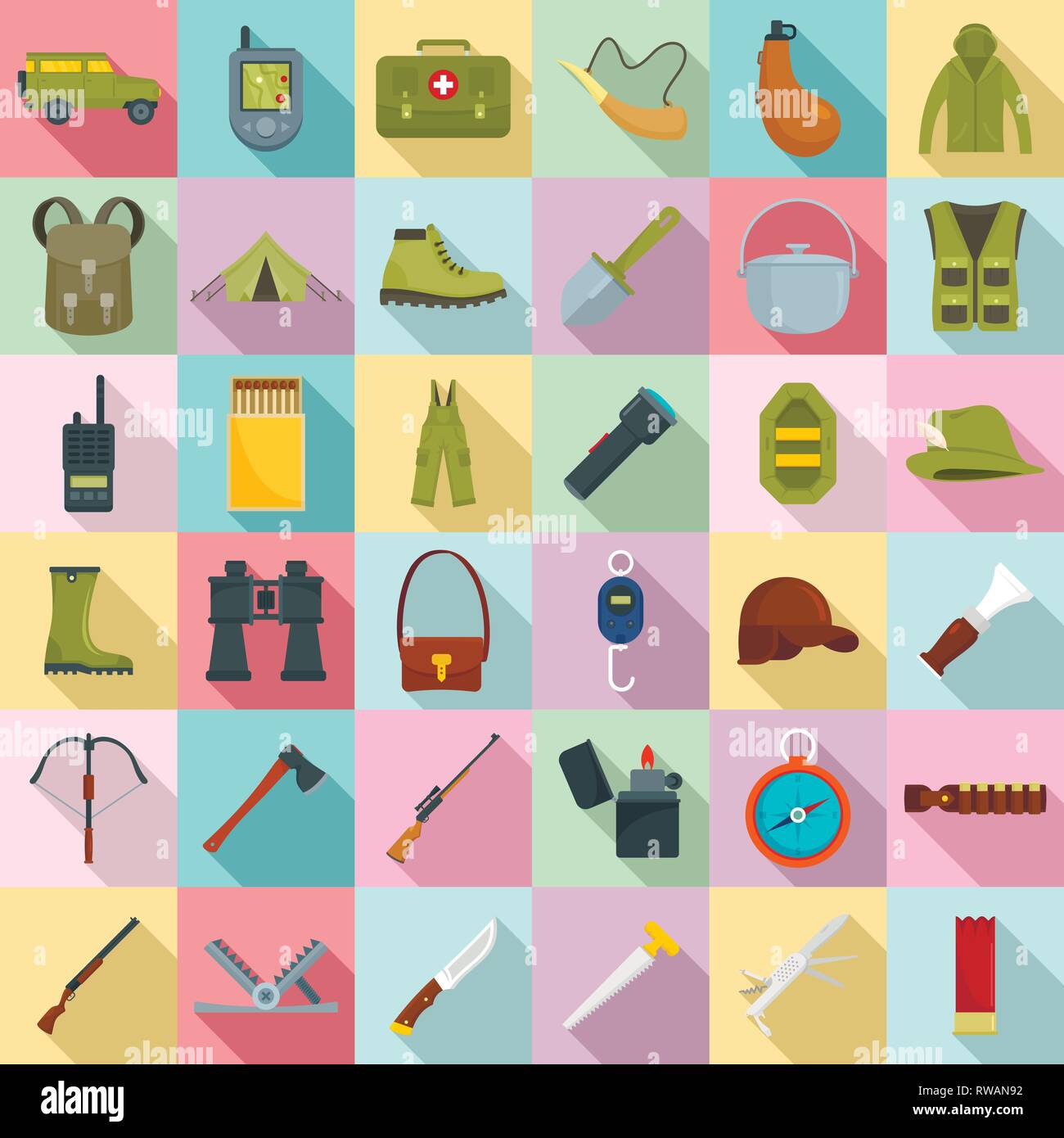Hunting equipment icons set. Flat set of hunting equipment vector icons ...