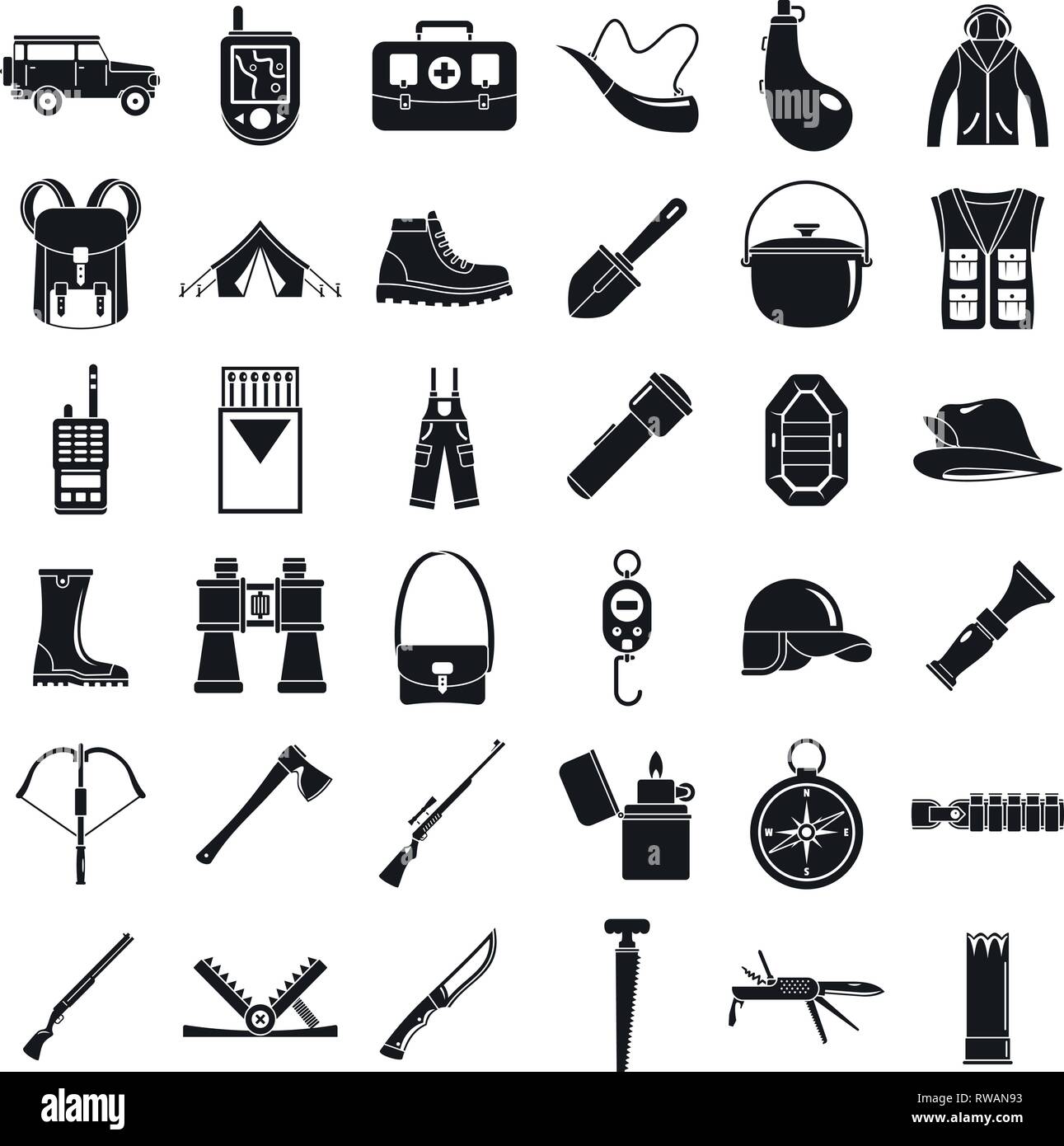 Camping hunting equipment icons set. Simple set of camping hunting ...