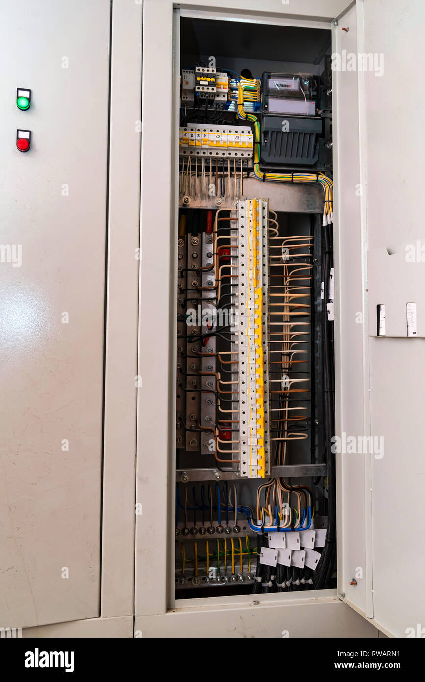 Close up open electrial switchboard in modern appartment building Stock ...