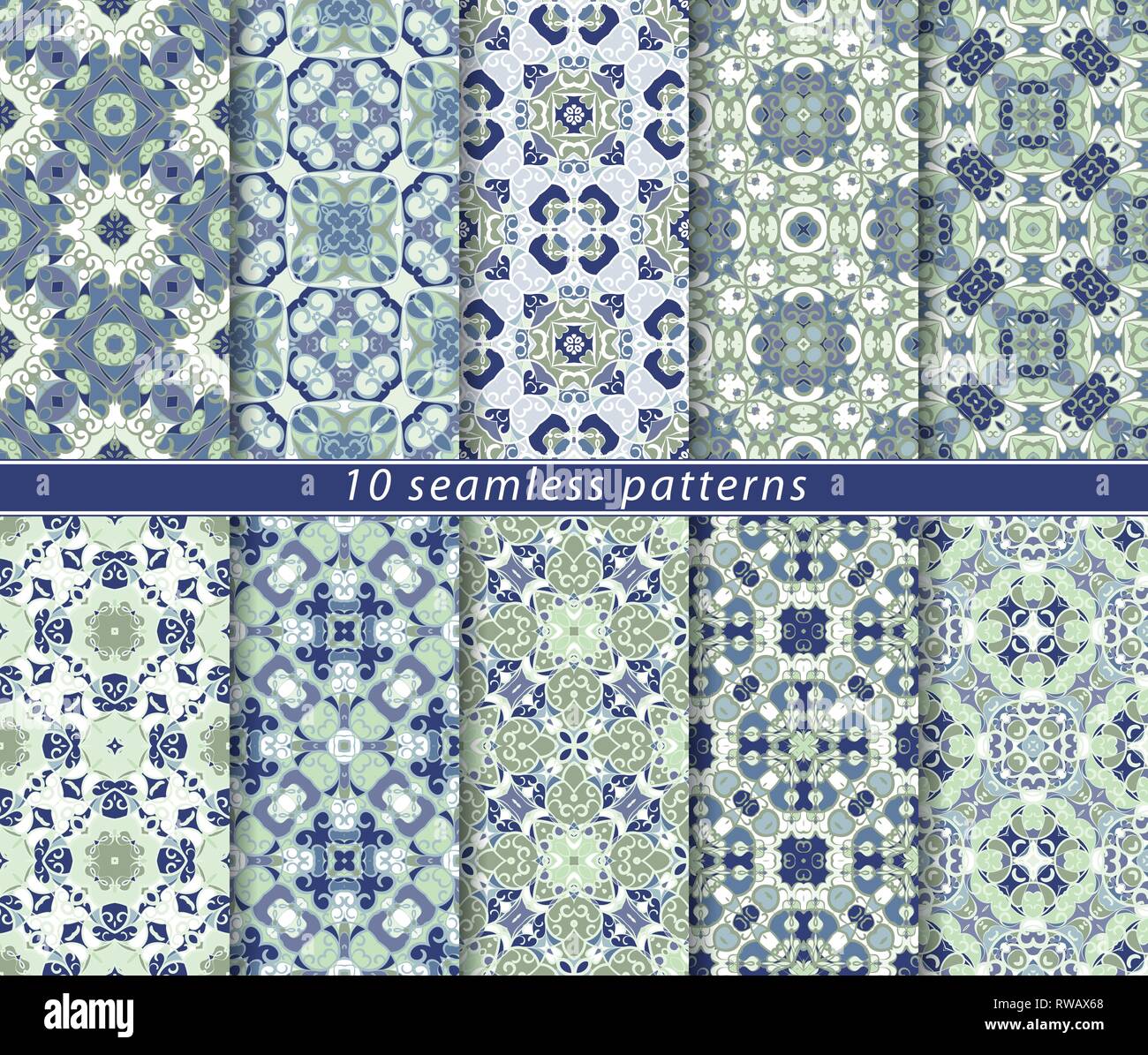 Set of ten classic seamless patterns in shades of blue and green ...