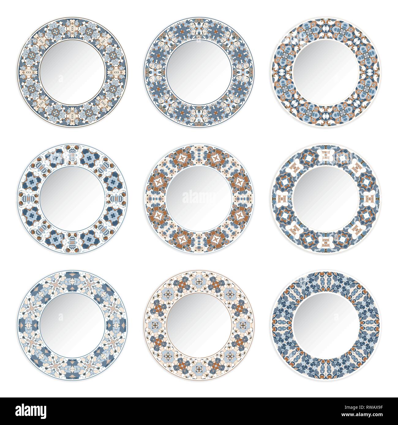 Set of decorative plates with a circular blue pattern, top view. White ...