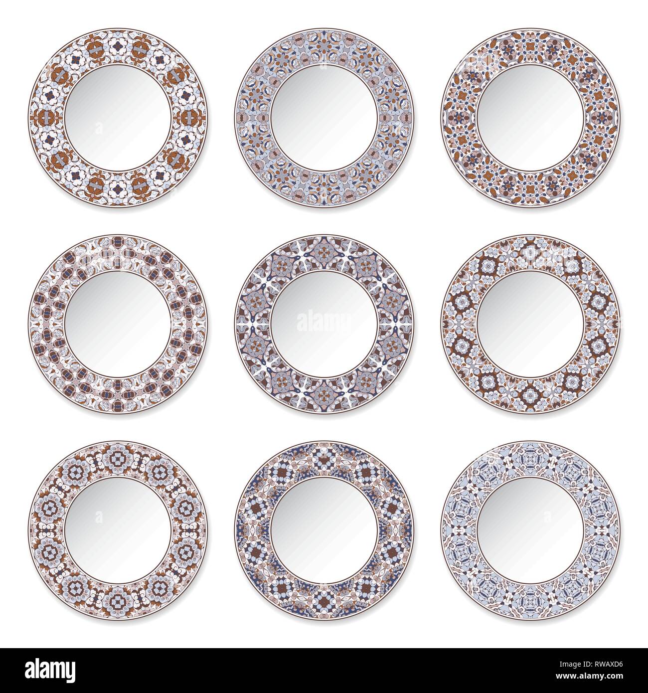 Set of nine decorative plates with a circular colored pattern, top view ...