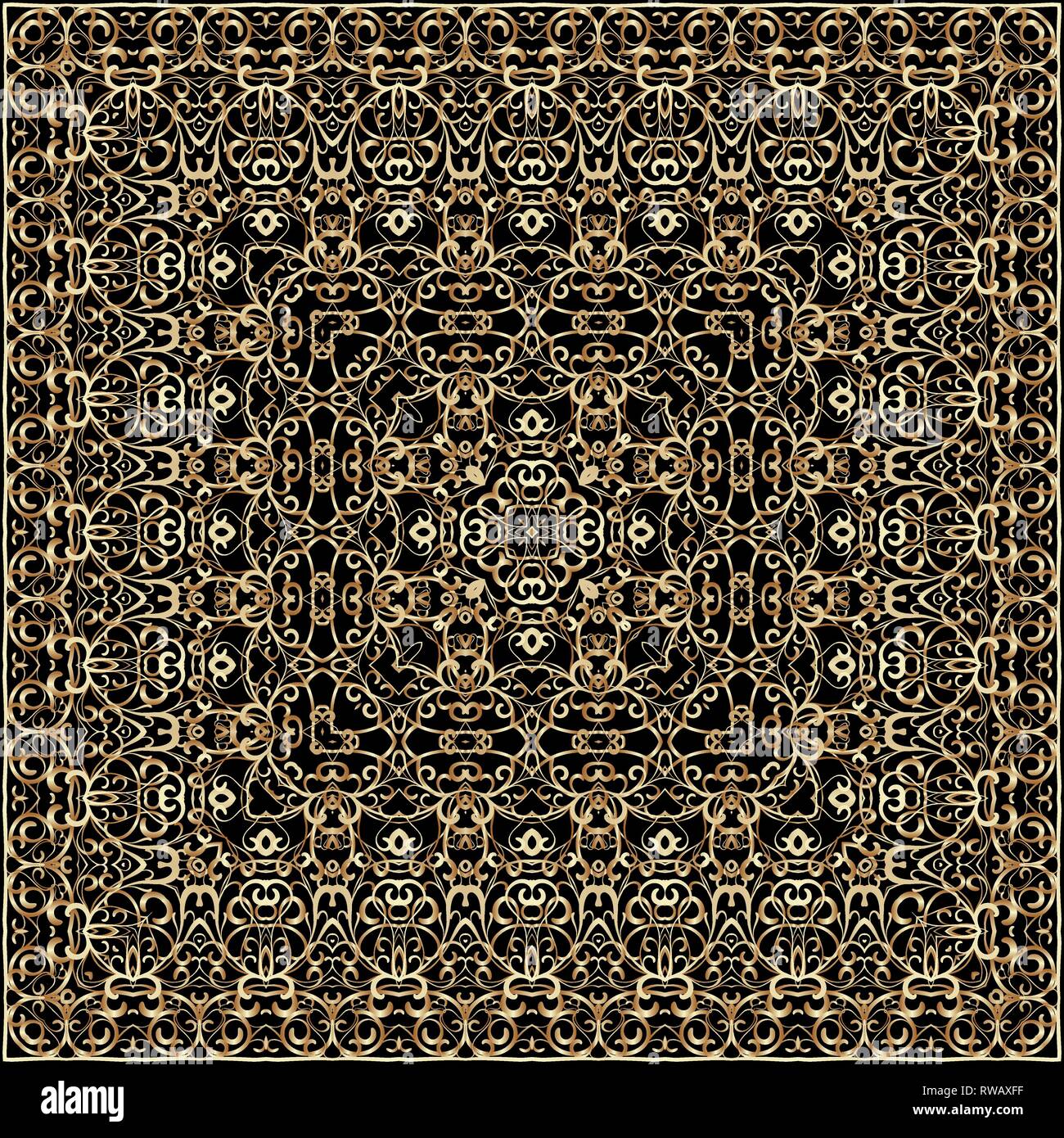 Black handkerchief with gold pattern. Square ornament for print on ...