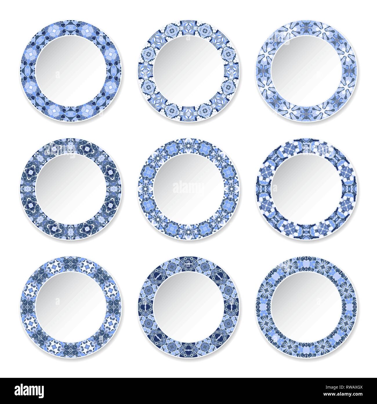 Set of nine decorative plates with a circular blue pattern, top view ...
