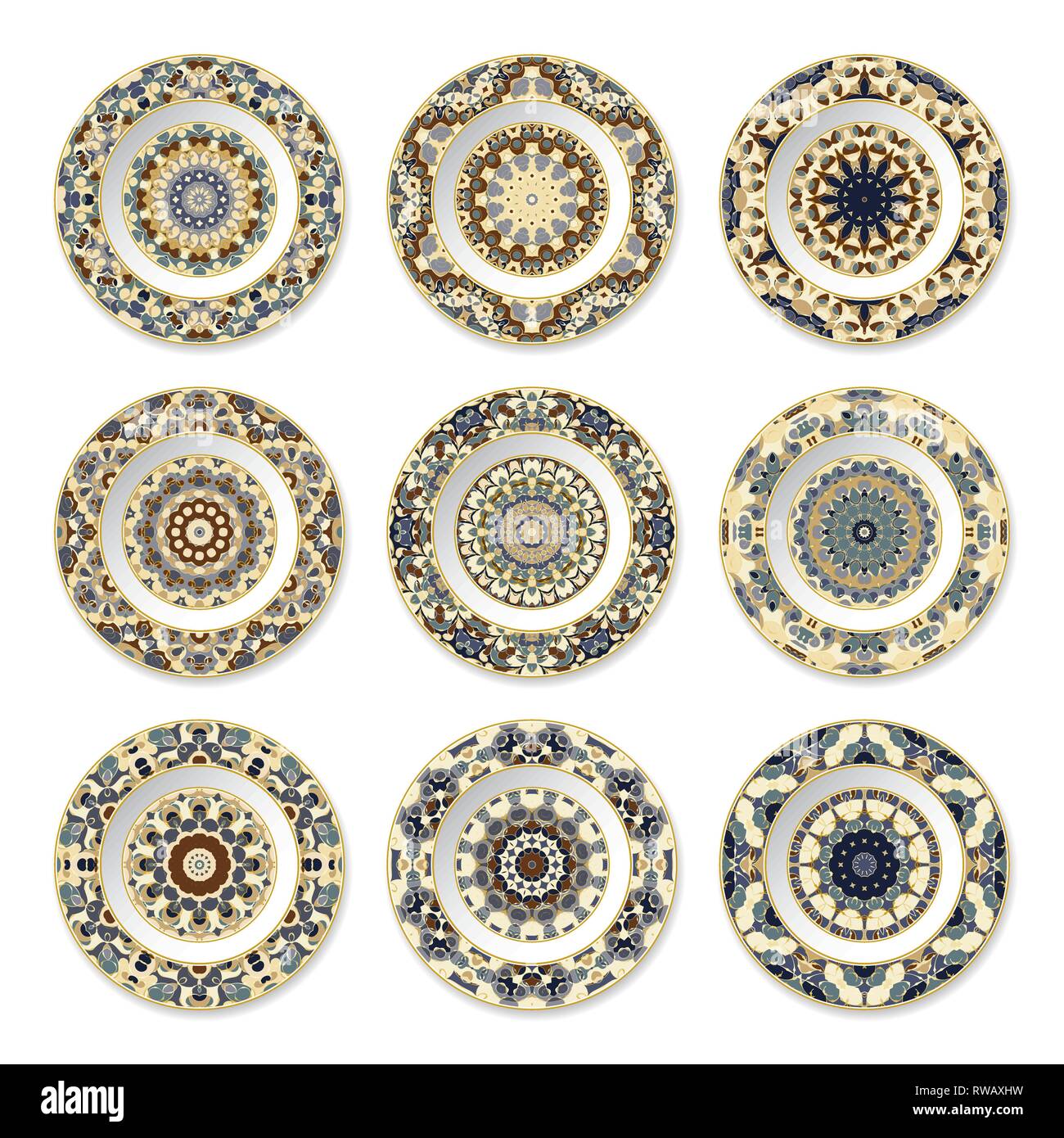Set of nine decorative plates with a circular colored pattern, top view ...