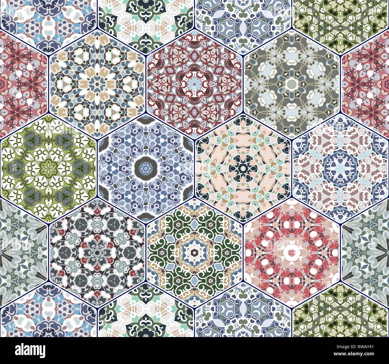 Bright seamless pattern of hexagonal tiles with vintage ornament ...