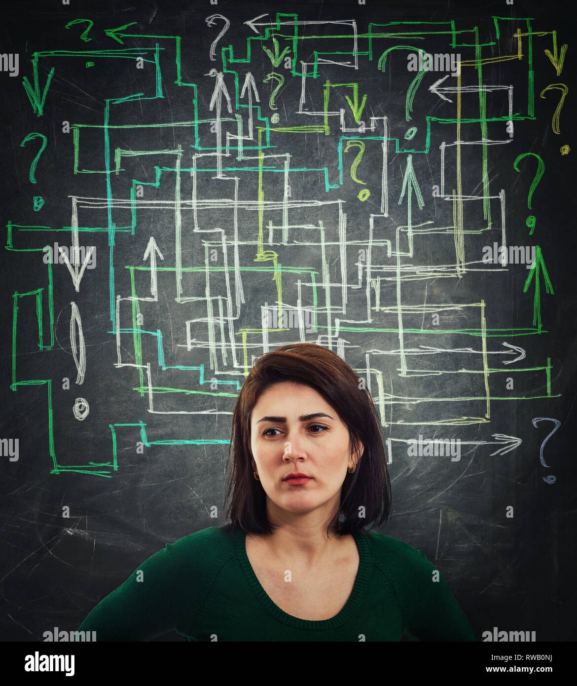 Puzzled and thoughtful young woman having a lot of questions like a ...