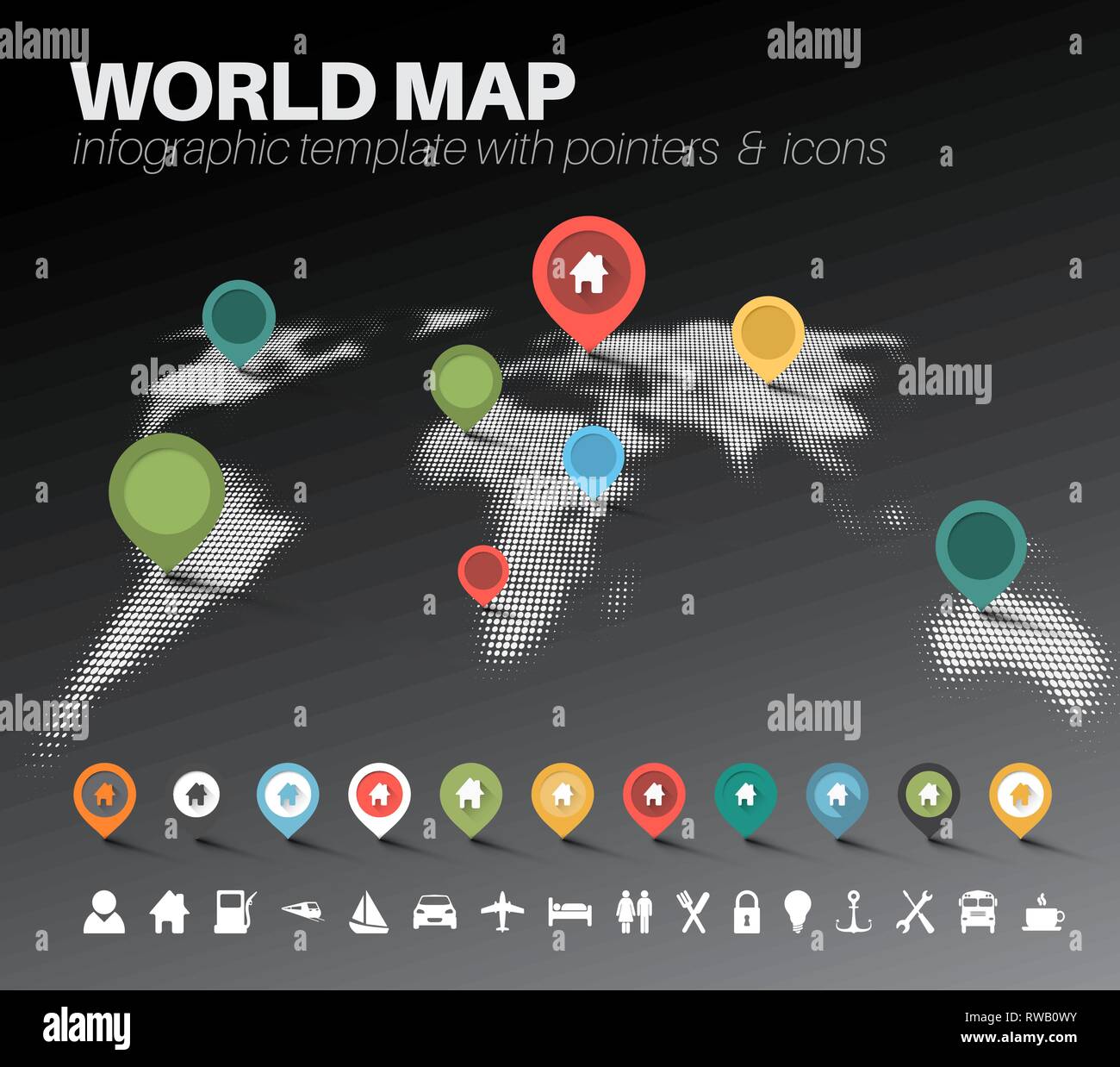 World map made by halftone effect with pointers marks and icons - dark version Stock Vector ...