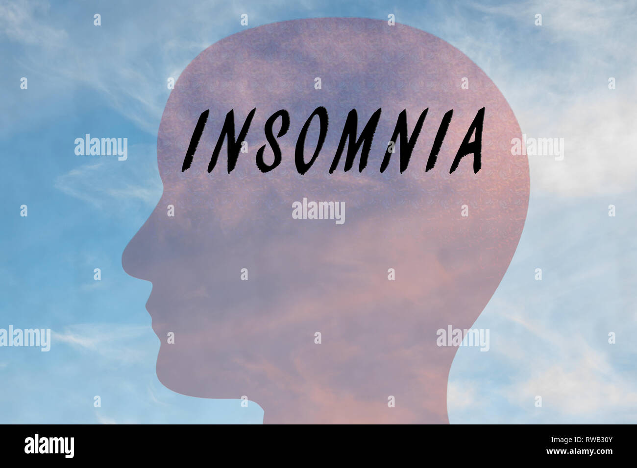 Render illustration of INSOMNIA title on head silhouette, with cloudy ...