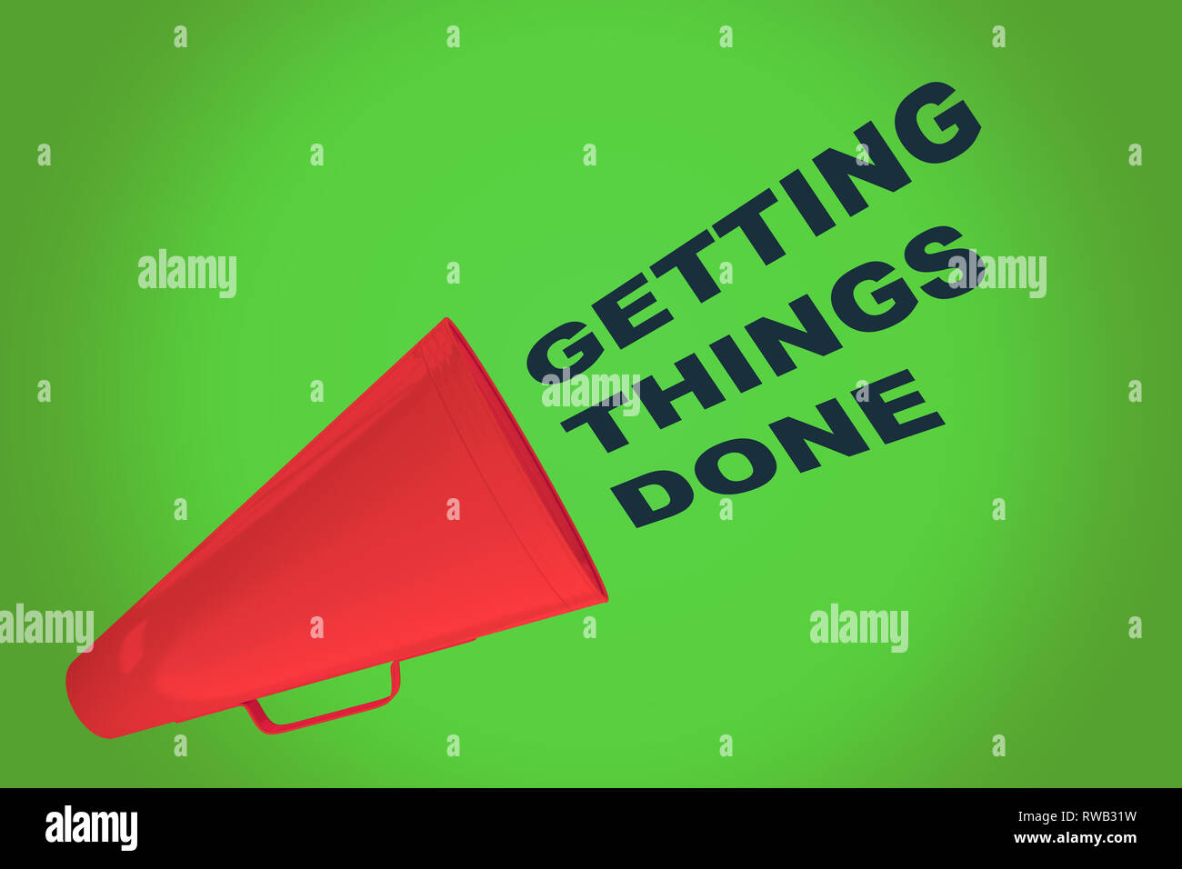 3D illustration of GETTING THINGS DONE title flowing from a loudspeaker ...
