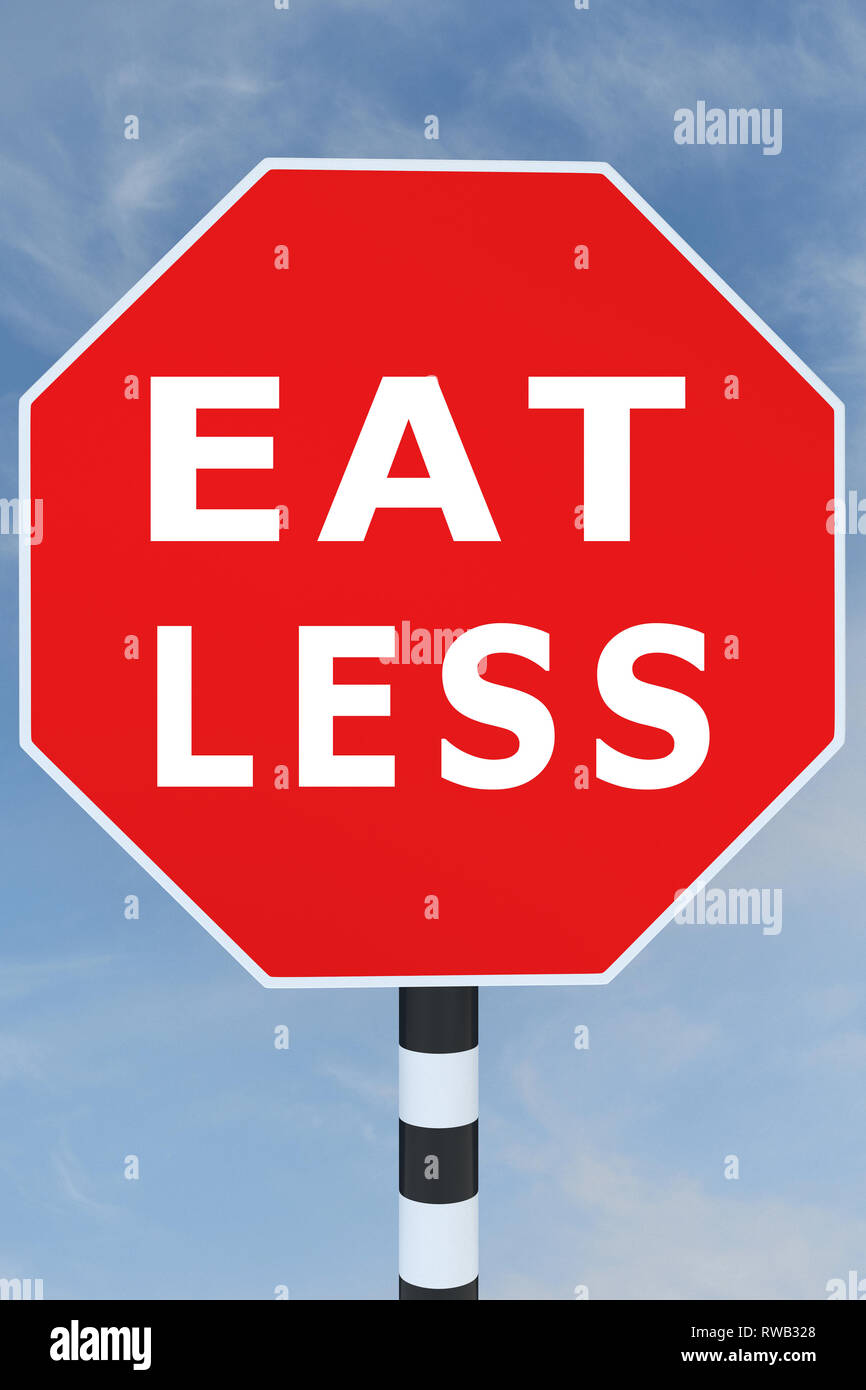 3D illustration of EAT LESS title on road sign Stock Photo - Alamy