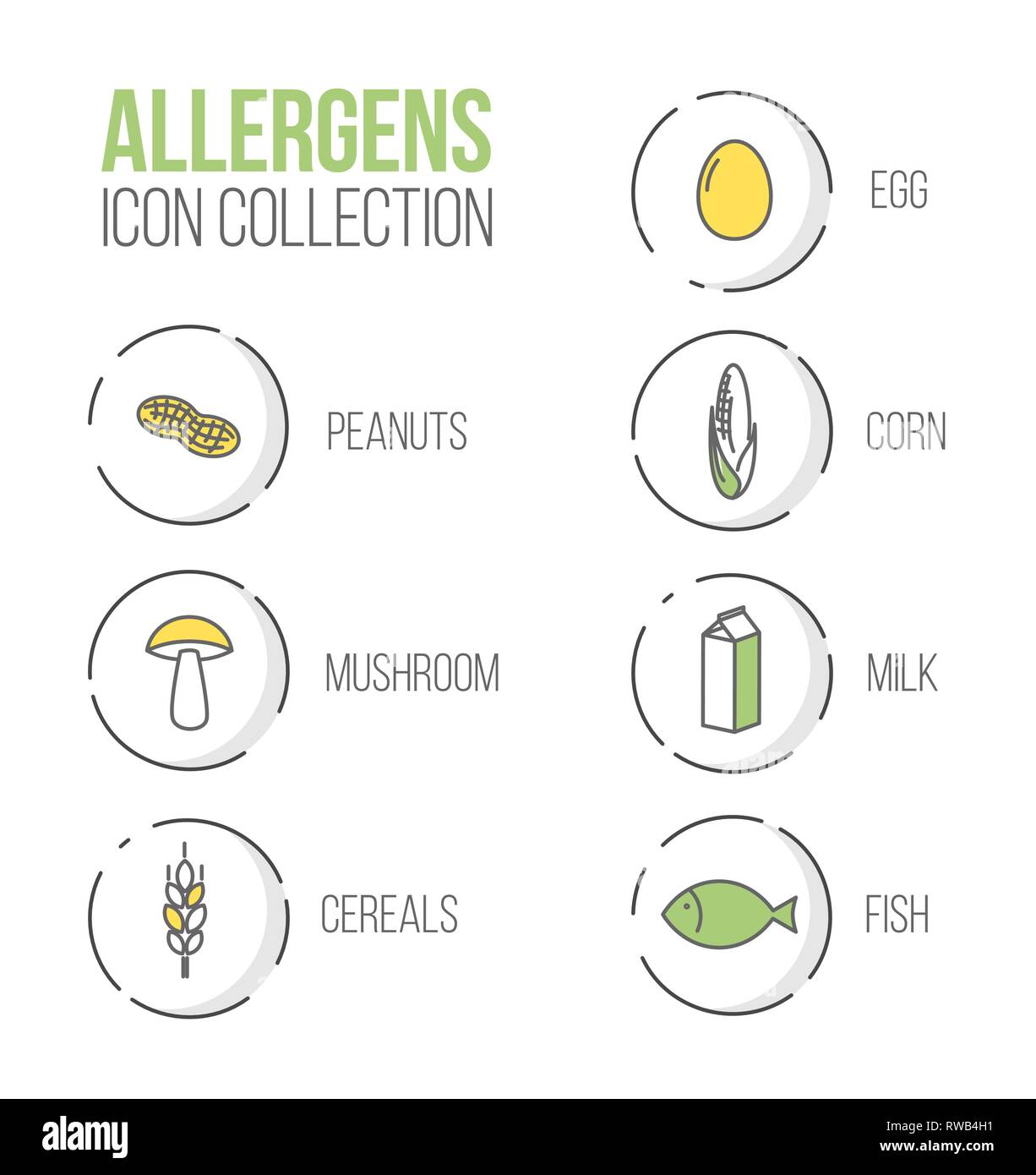 Vector icons set for allergens (milk, fish, egg, gluten, wheat, nut ...