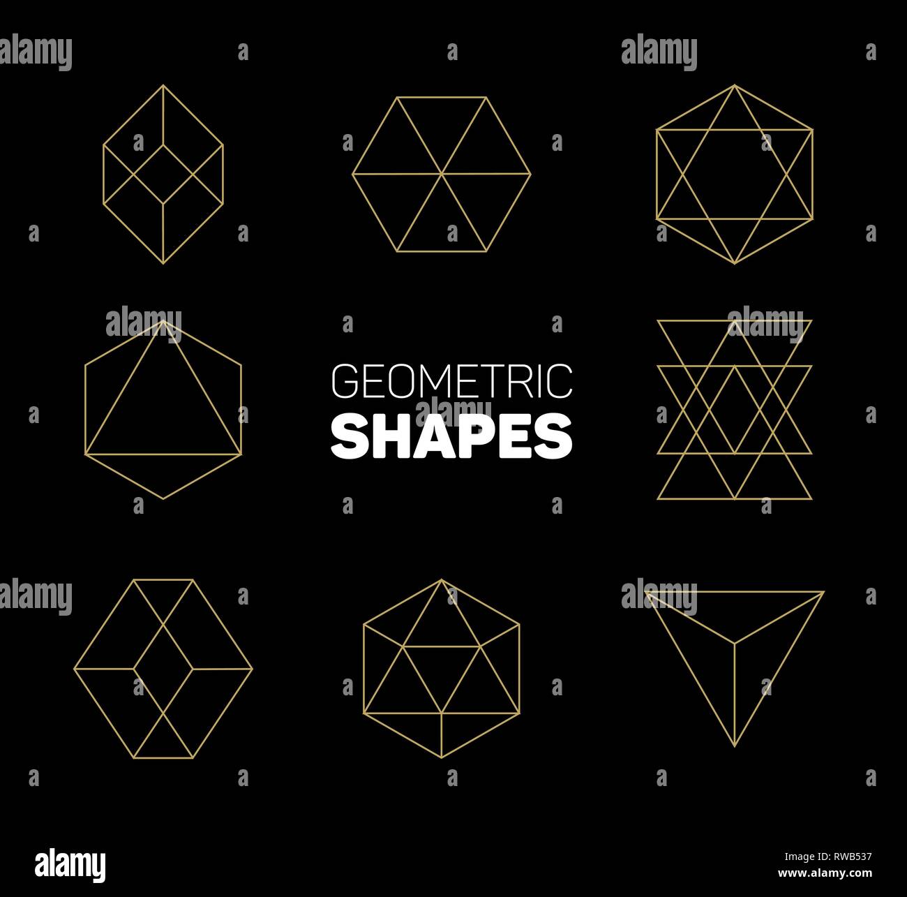 Vector abstract regular geometric shapes - golden on black background ...