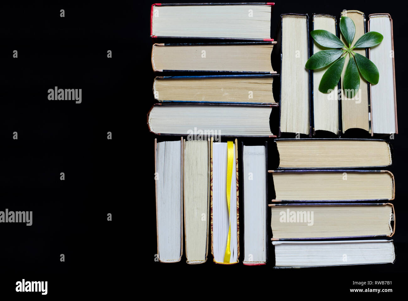 Many multicolored thick open books stand on a dark background. On the ...