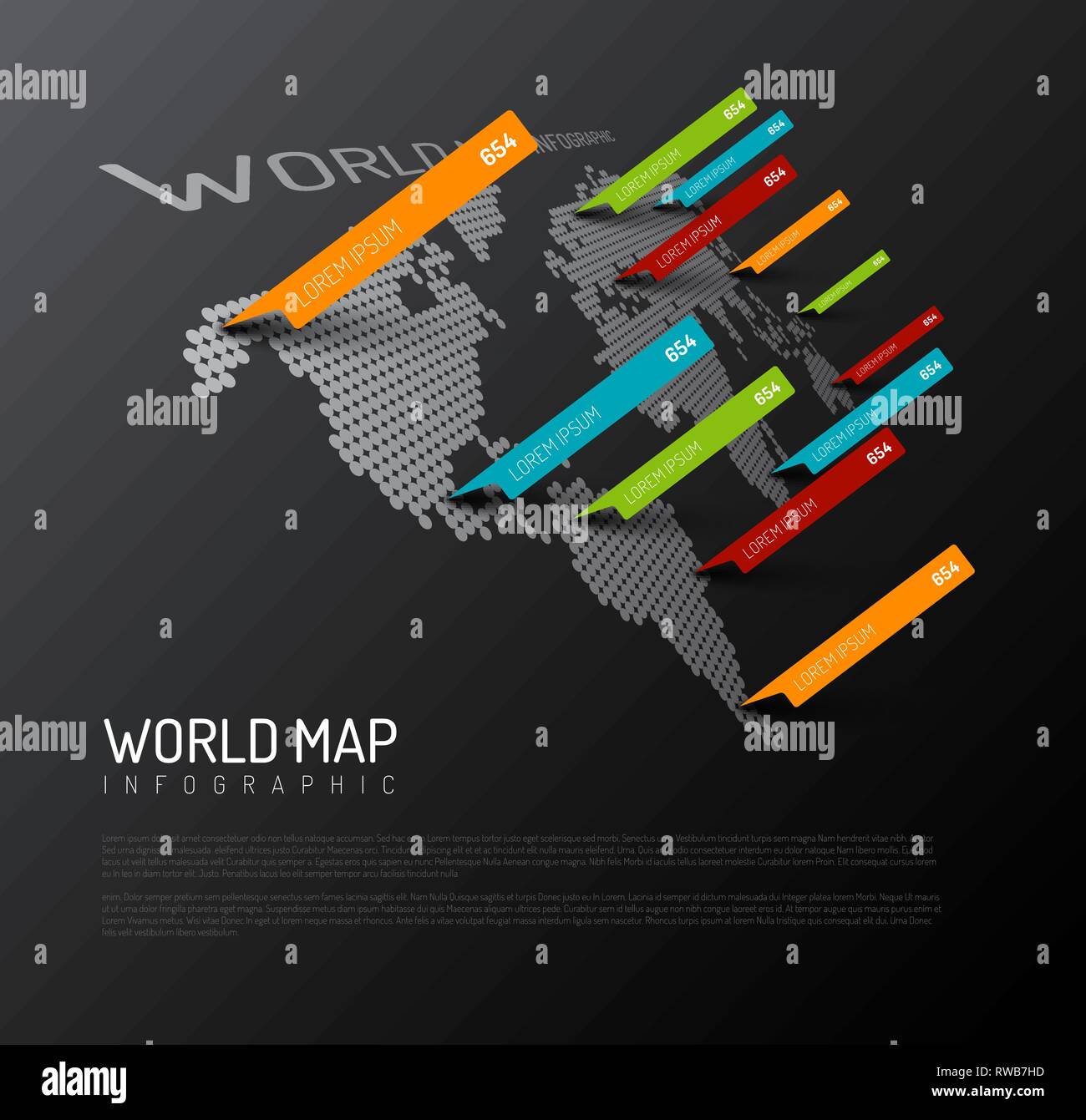 Light World map infographic template with pointer marks (diagonal on the dark wall version Stock ...