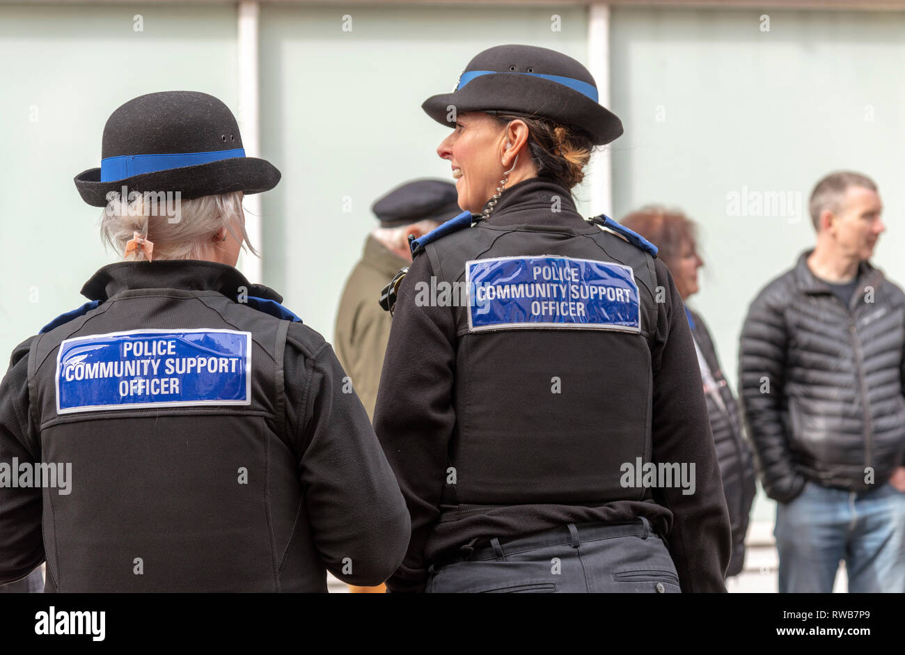 Salisbury, Wiltshire, UK, March 2019. Police community support officers ...