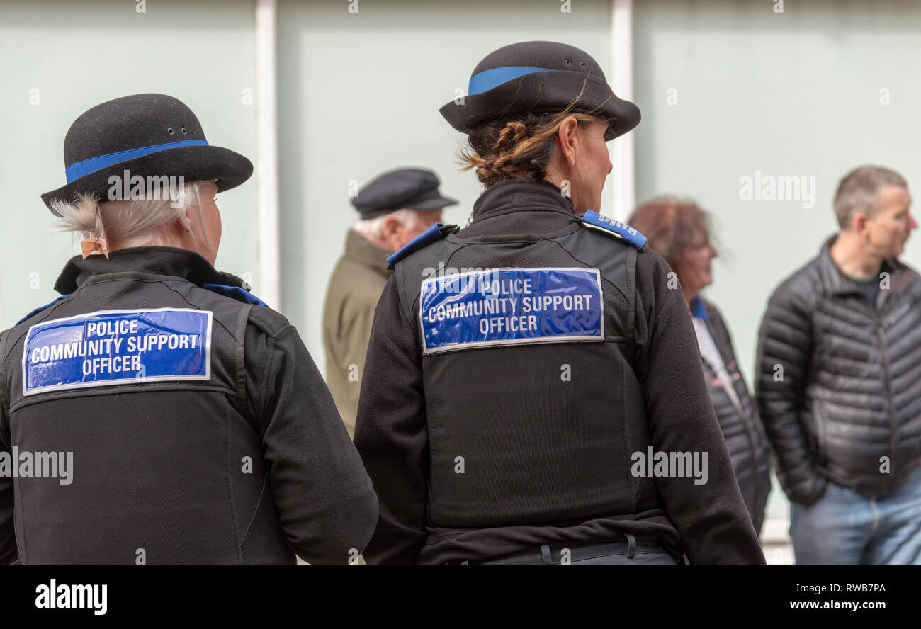 Salisbury, Wiltshire, UK, March 2019. Police community support officers ...