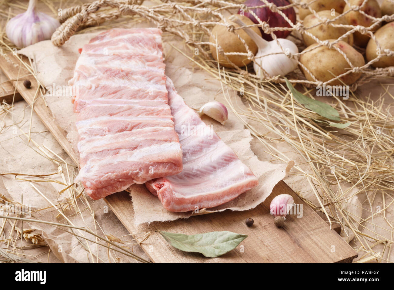 Raw pork meat - spareribs, pigs ribs. Fresh meat and ingredients ...