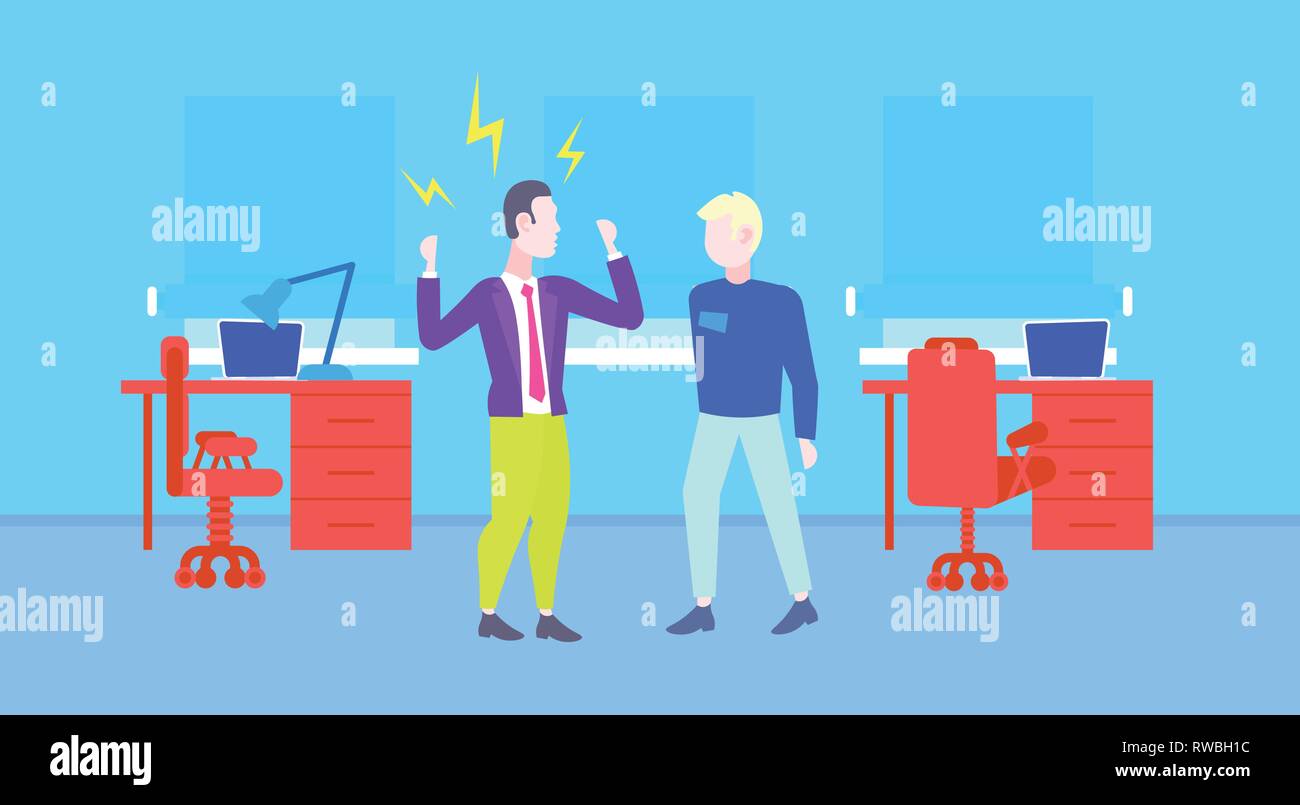 angry boss shouting at worker man reprimand of employer to employee bad ...