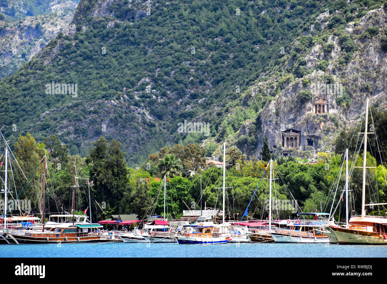 Fethiye harbour and rock tombs, Gulet Boat Cruise, Mediterrean Sea ...