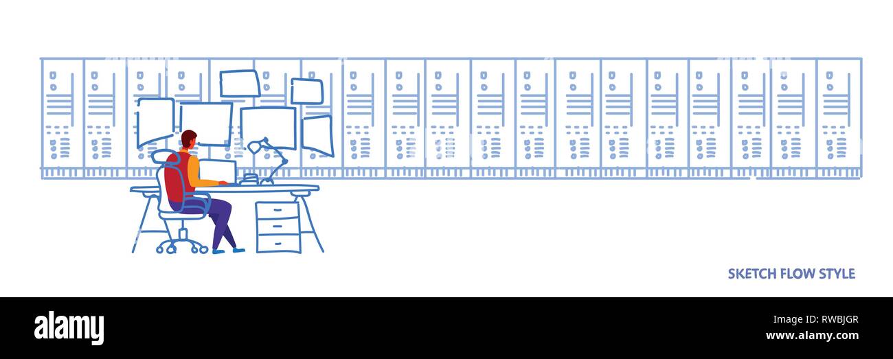 man sitting workplace desk working in data center room hosting server computer monitoring ...