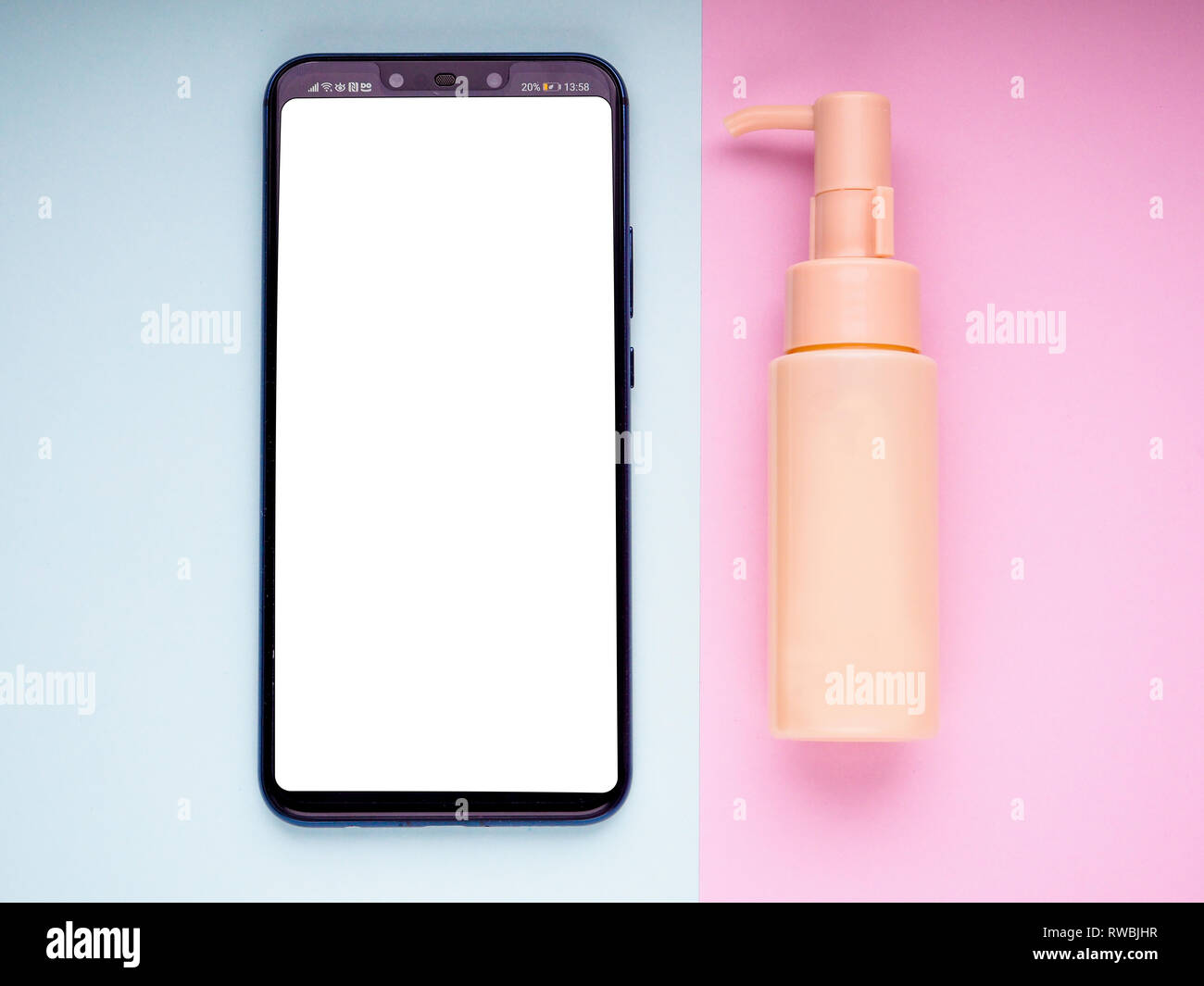 mobile phone with text layout and cosmetic tube, flat lay Stock Photo ...