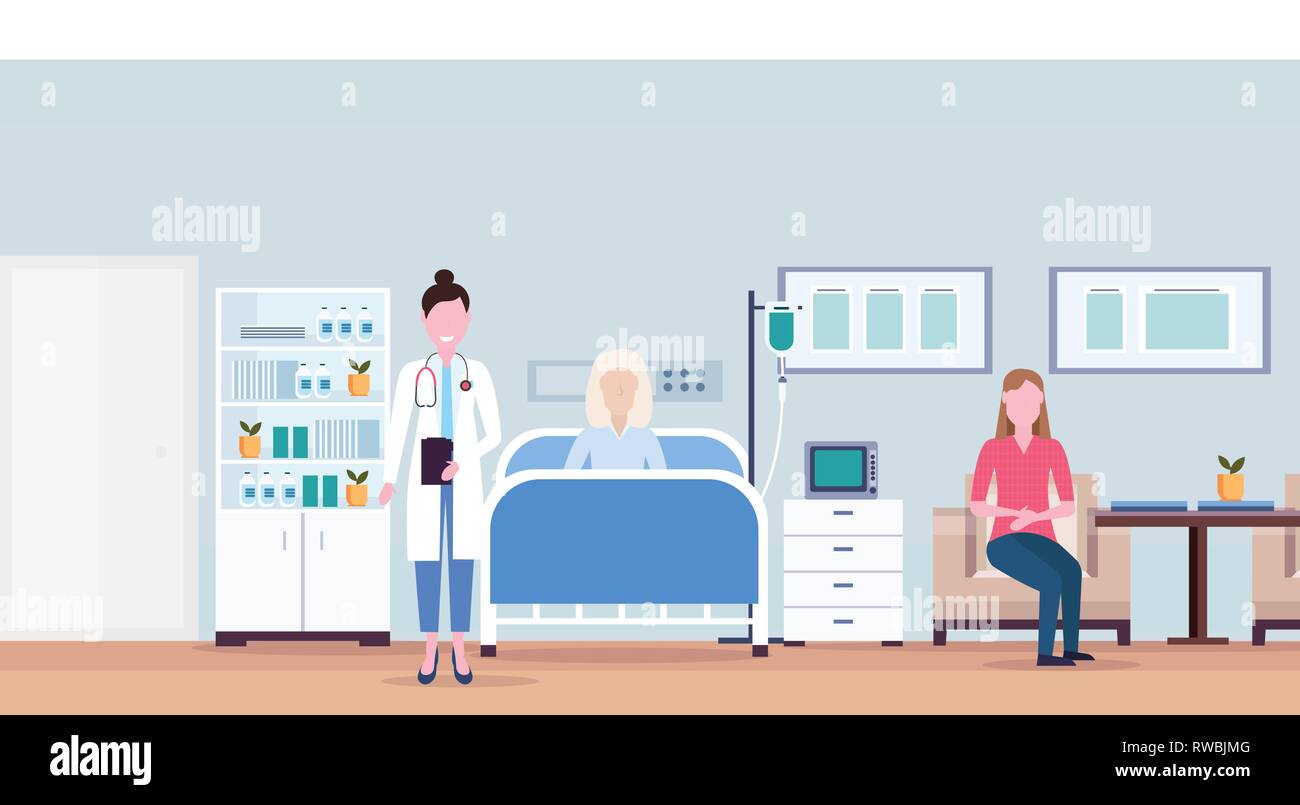 female doctor and girl visiting patient senior woman lying bed ...