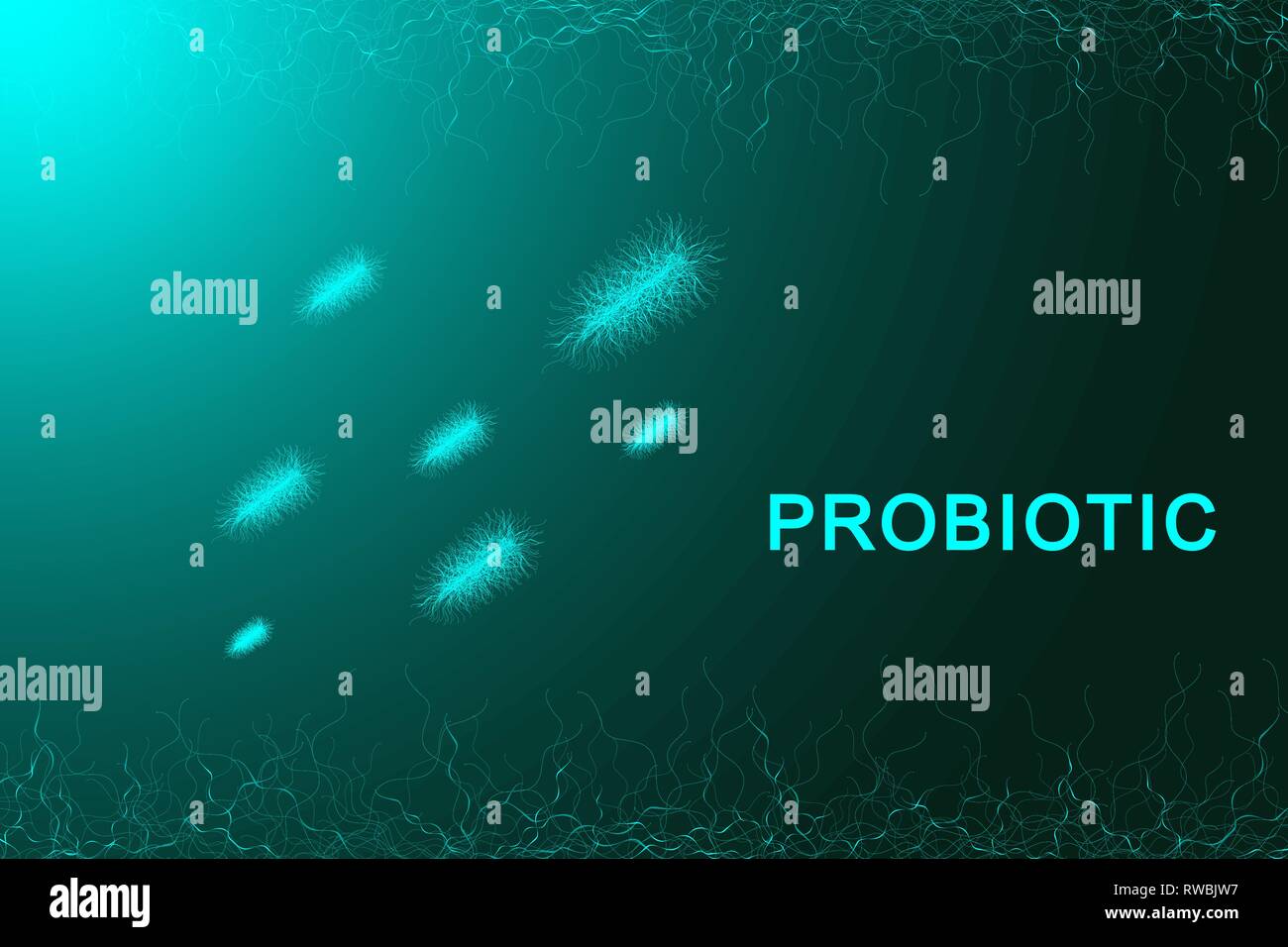 Probiotics flow. Concept design template with probiotic bacteria, bifidobacterium, molecule or ...