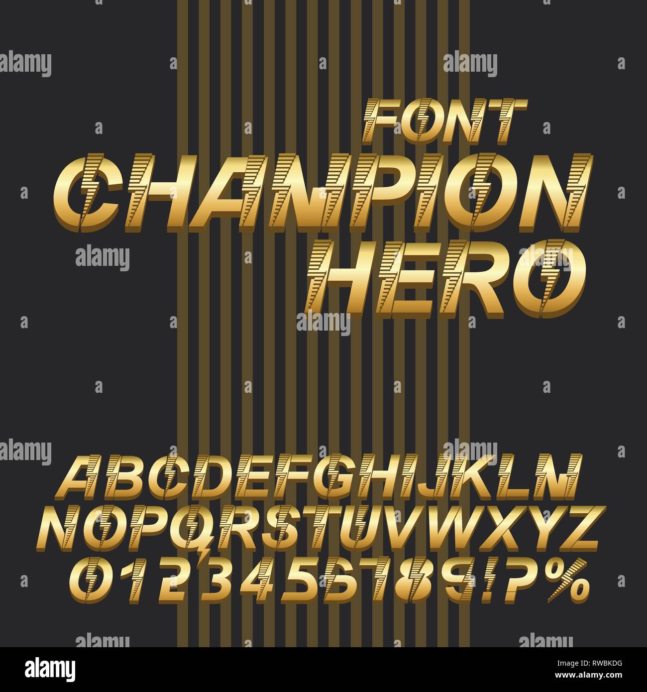 Champion Super hero font alphabet. 3D gold metallic letters and numbers ...