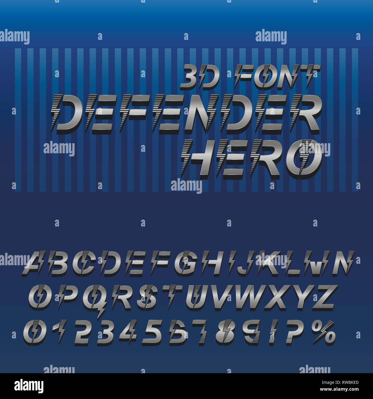 Super hero font. 3D alphabet letters and numbers in metallic colors ...